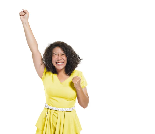 Cheerful Casual Woman Celebrating with One Arm Raised Stock Photo by ... Cheerful Casual Woman Celebrating with One Arm Raised Stock Photo by ...