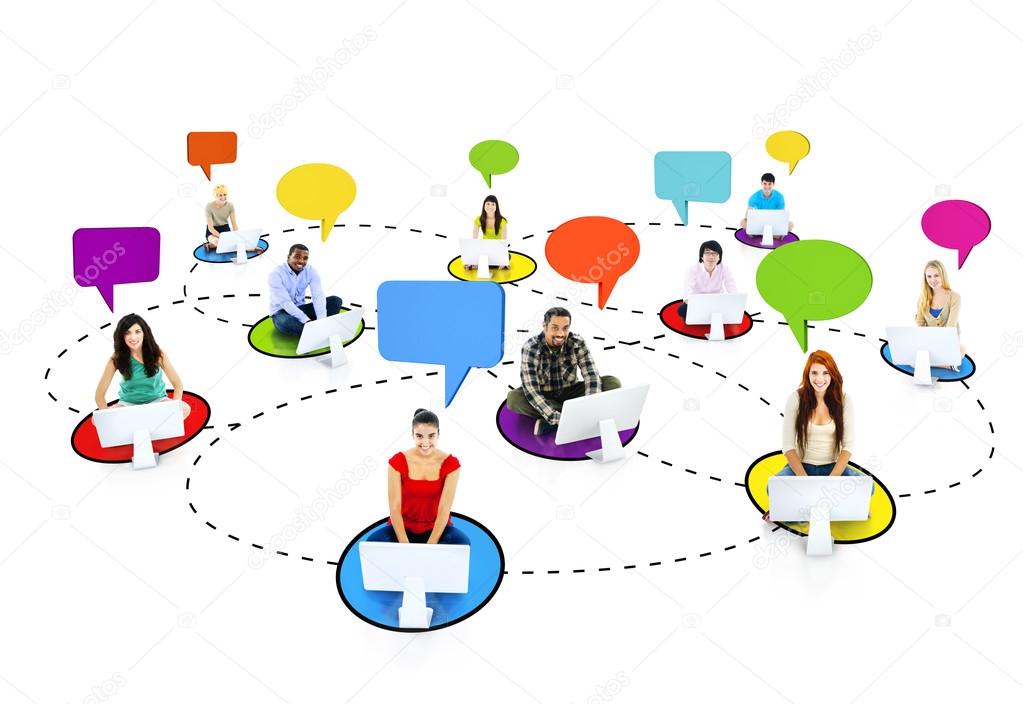 Multiétnicas pessoas conectadas através da Internet com discurso Bu ...