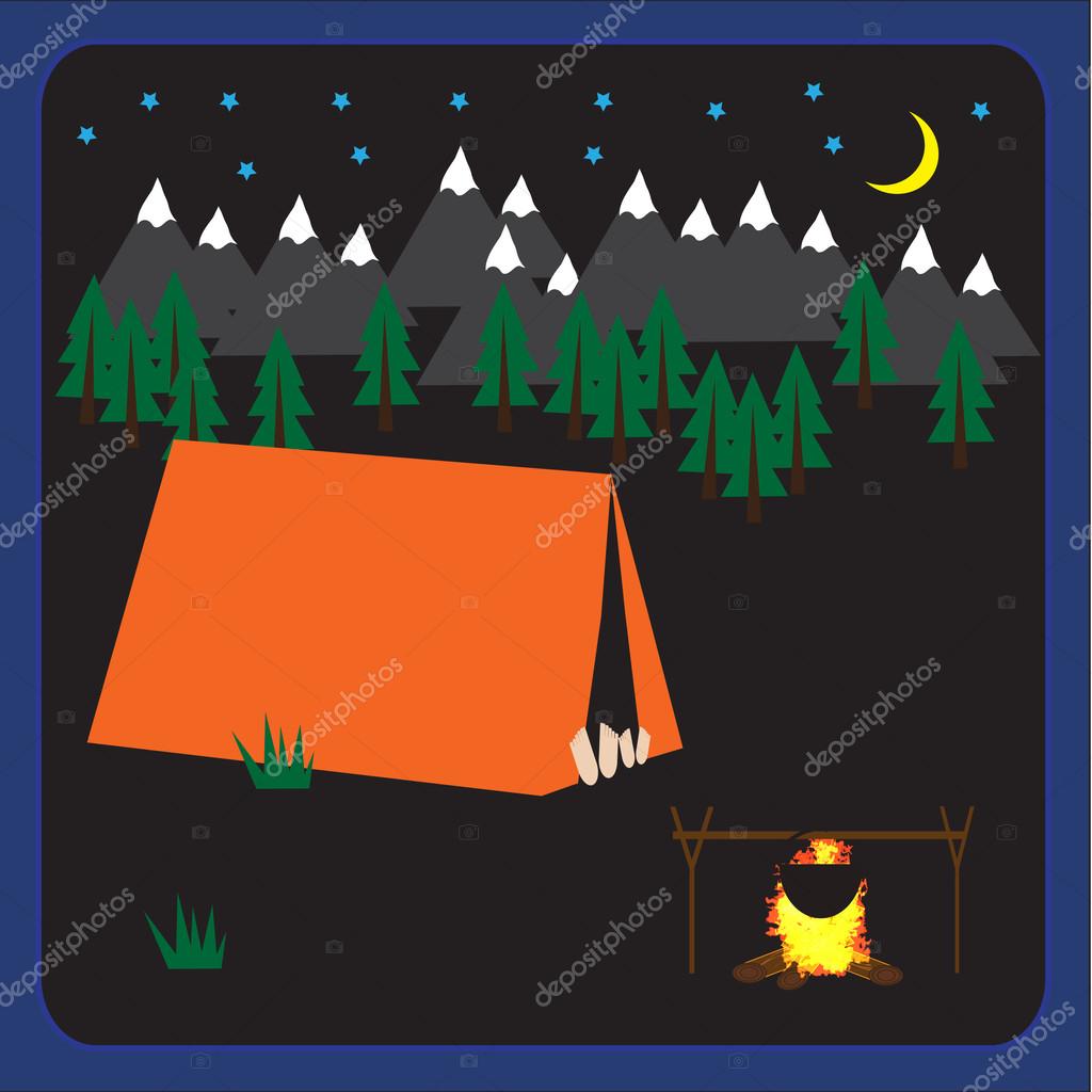 Camping vector background with tent at night, forest and mountains ...