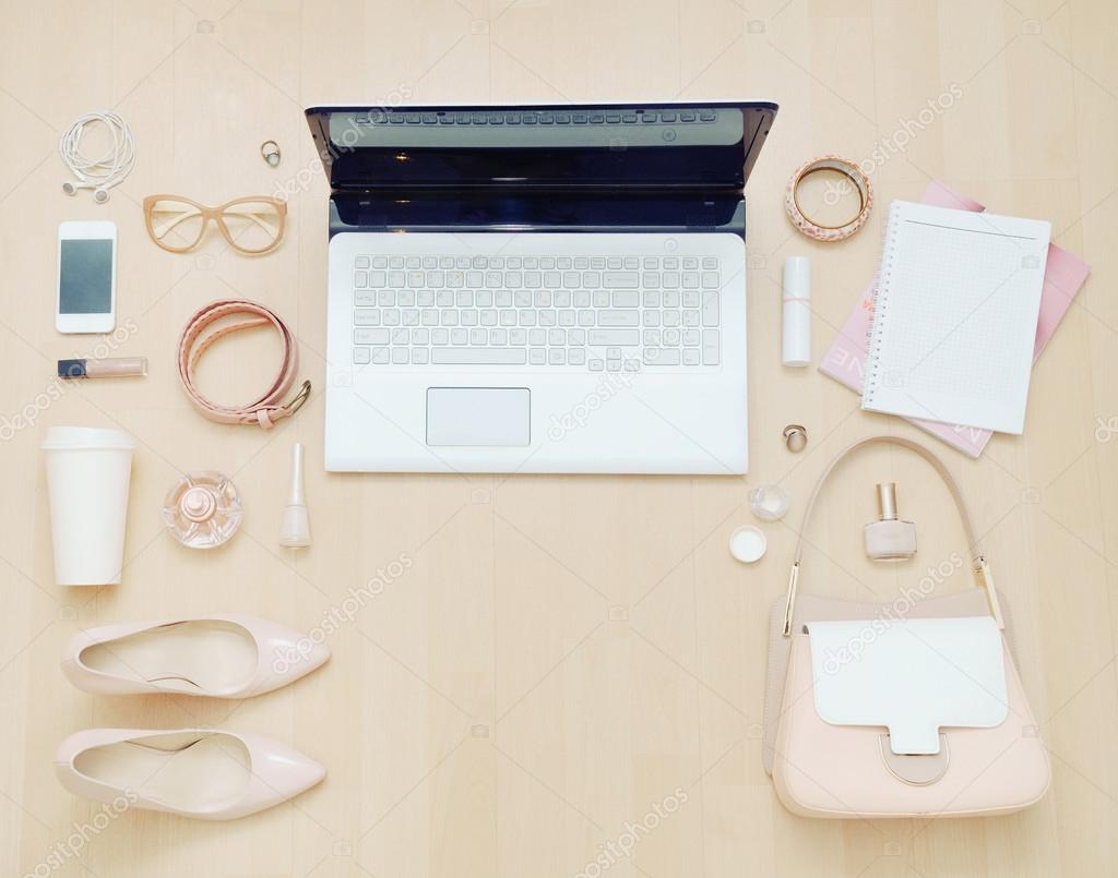 Stylish casual set of computer and stuff for urban woman in soft ...