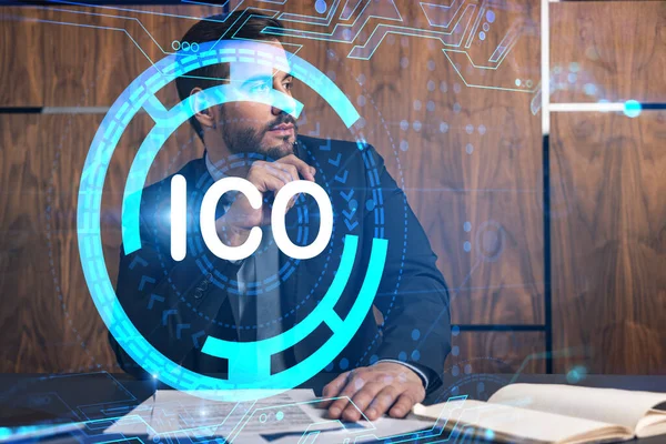 Man in office think and dream datum financial service ico blockchain technology drawing concept ...