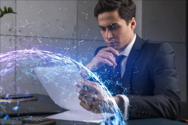 Businessman in office think and dream data technology abstract drawing ...