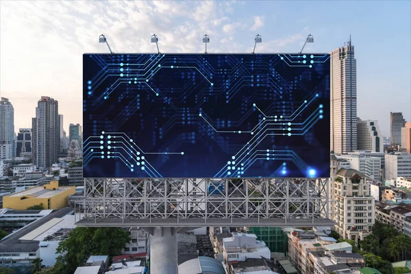 Glowing hologram of technological process on billboard, aerial ...