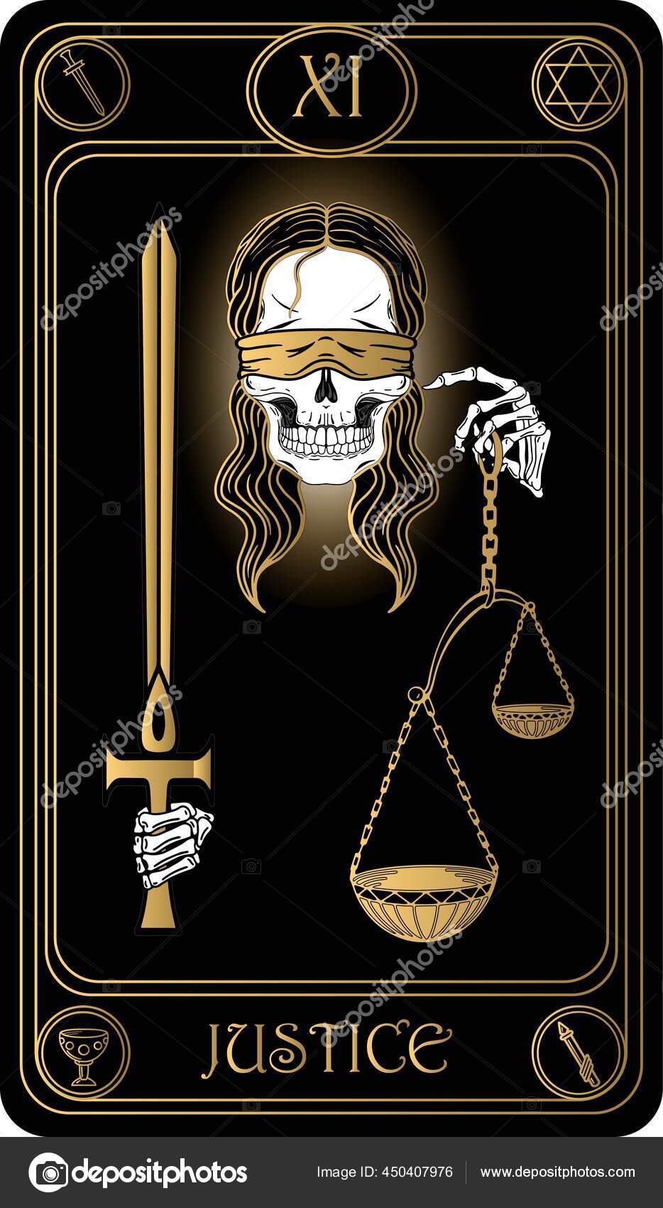 Justice 11Th Card Major Arcana Black Gold Tarot Cards Tarot Stock ...