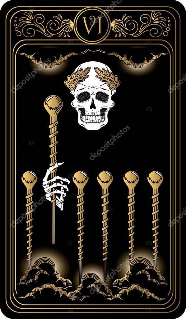 Seis de varitas. Carta de Arcanos Menores cartas del tarot negro y oro ...