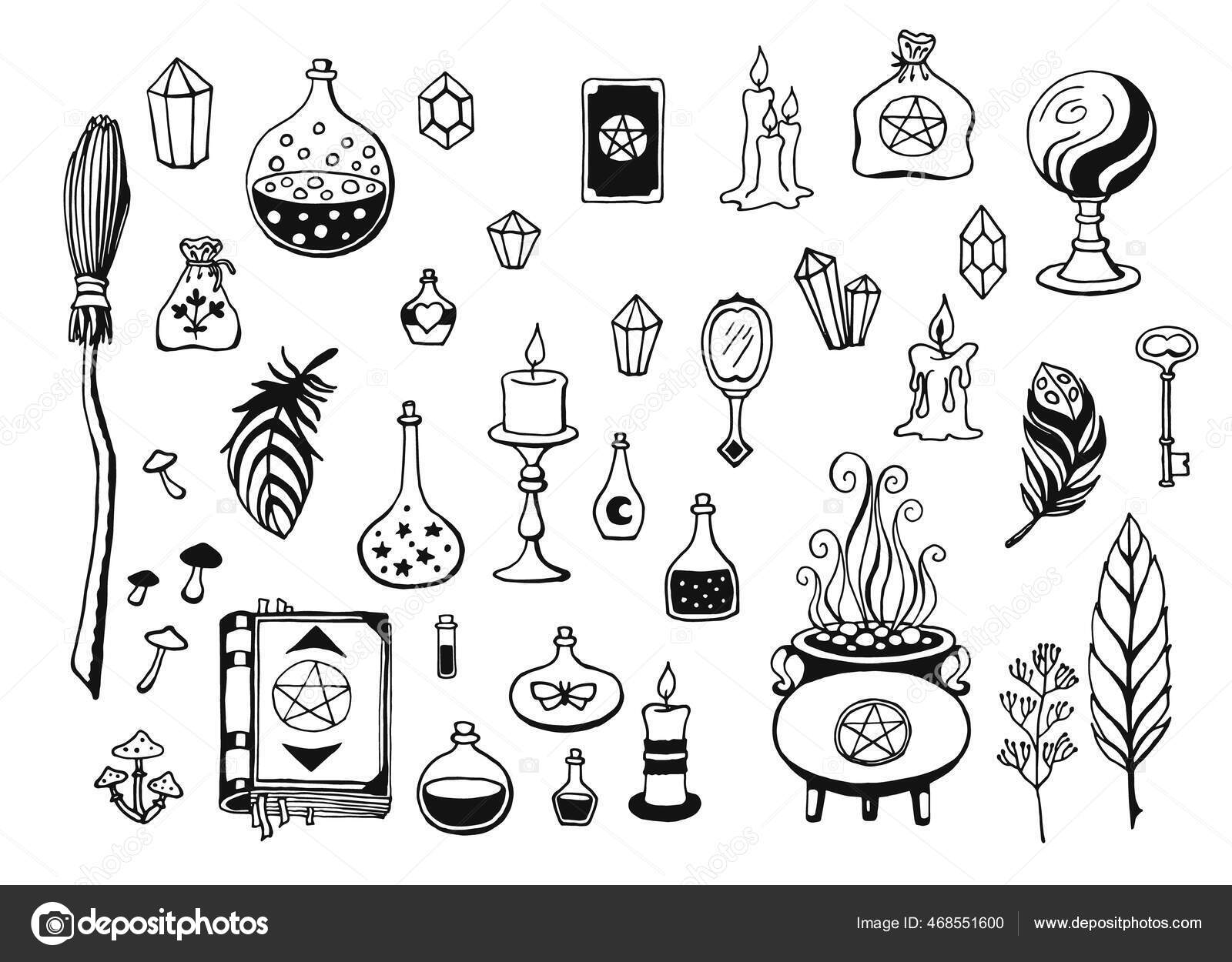 Witchcraft Magic Background Witches Wizards Vector Vintage Collection Hand Drawn Stock Vector ...