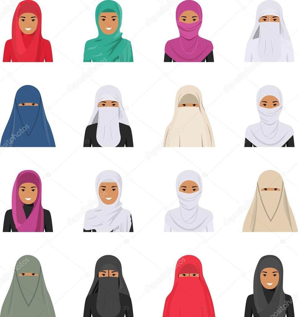 Different muslim arab people characters avatars icons set in flat style ...