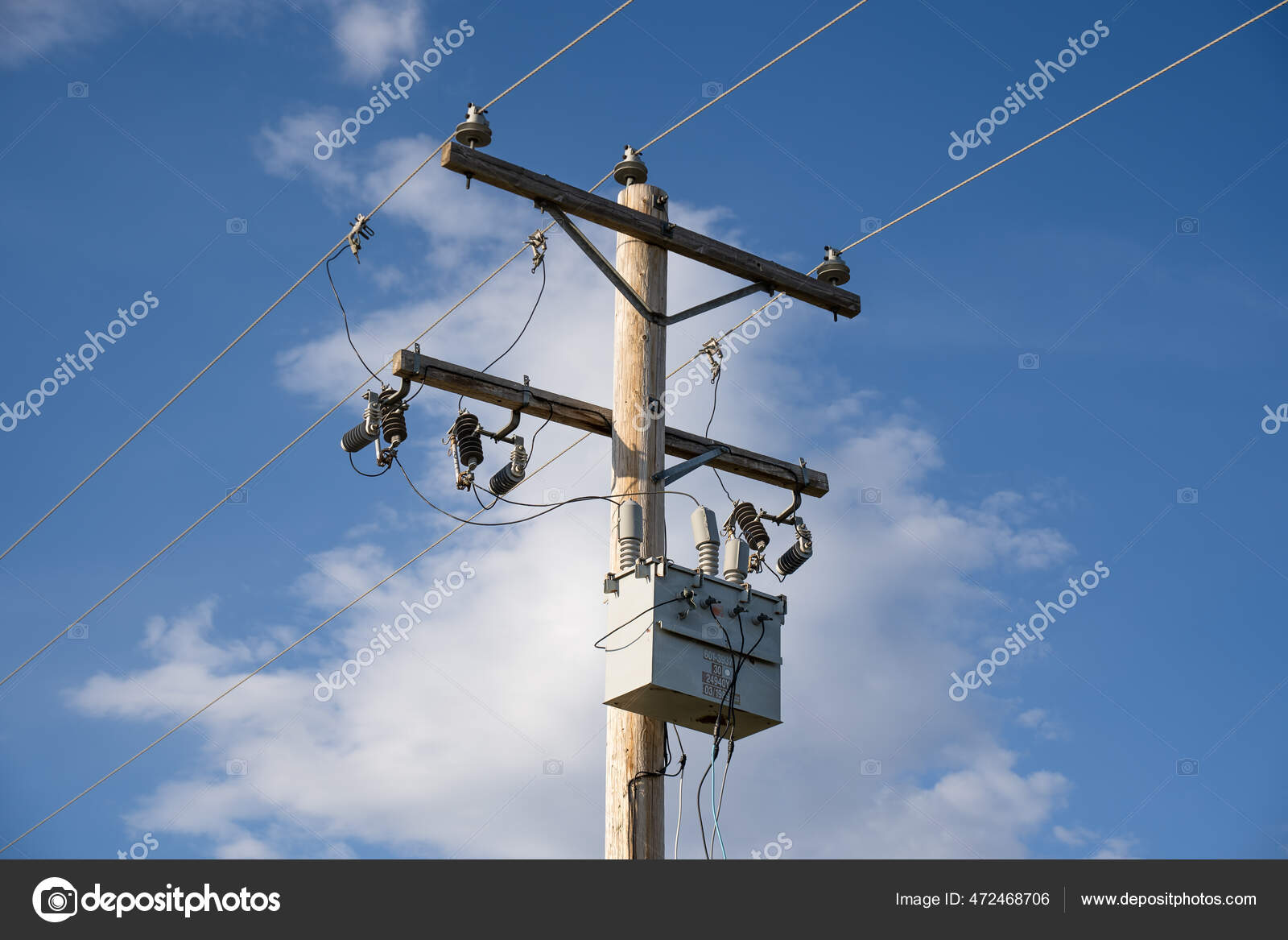 Wooden Power Pole Transformer Communication Transmission Lines Blue Sky ...