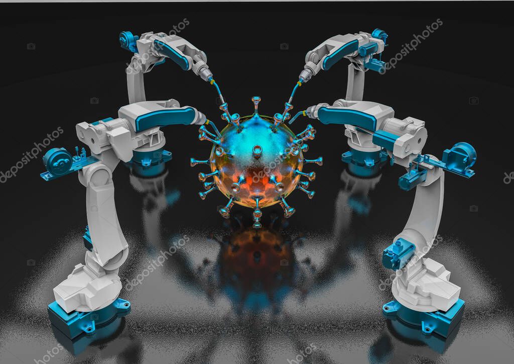 Imagen de renderizado 3D que representa un virus manipulado por robots ...