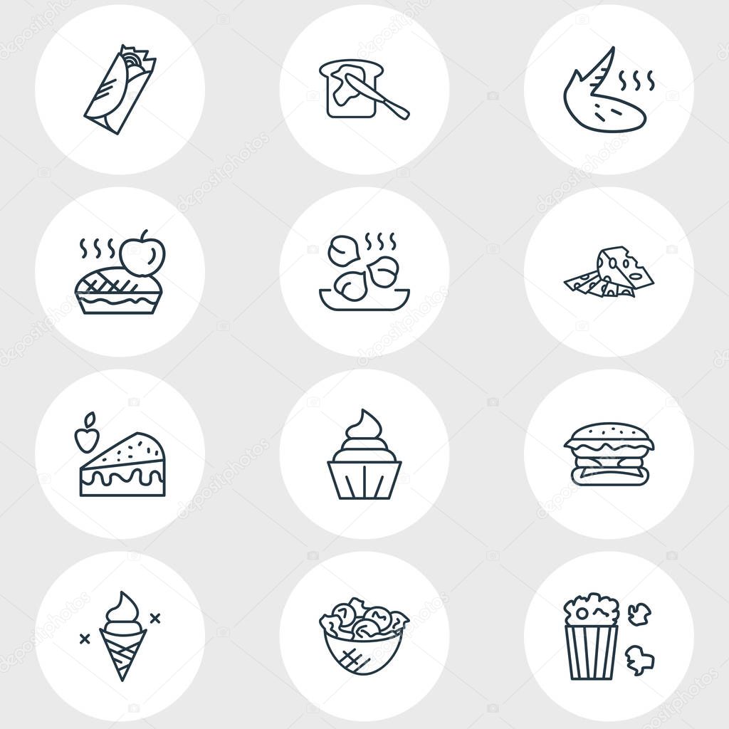 Ilustración vectorial de 12 iconos de snacks estilo línea. Conjunto ...