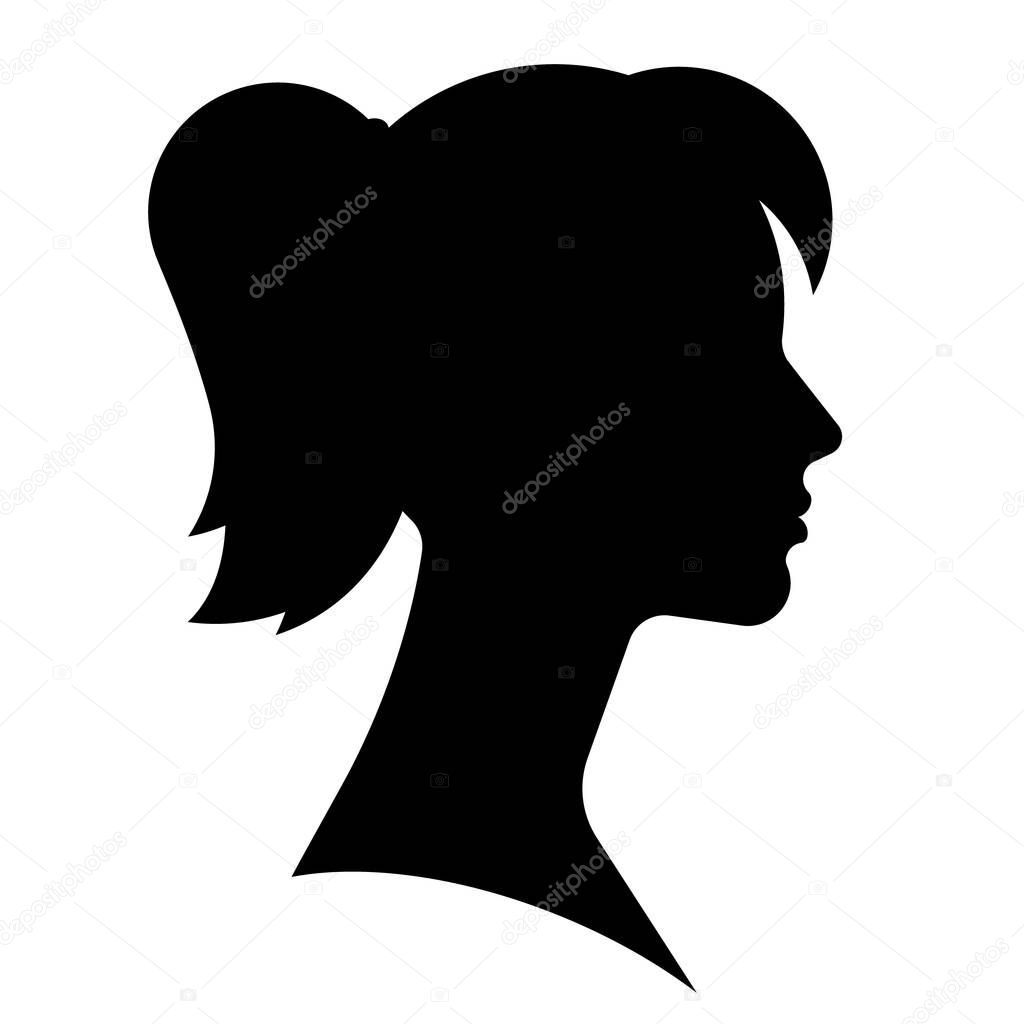 Silueta de mujer. Cara de mujer, cabeza, cuello. Vista lateral. Mujer joven, flequillo y cola de ...
