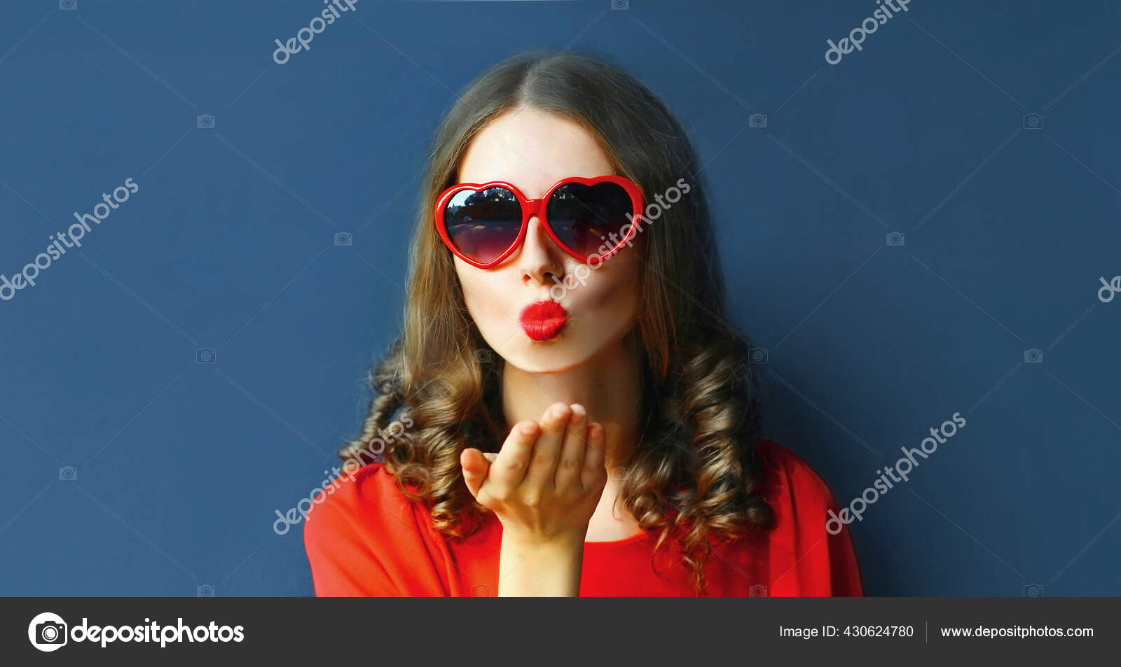 Close Lovely Woman Blowing Red Lips Sending Sweet Air Kiss — Stock