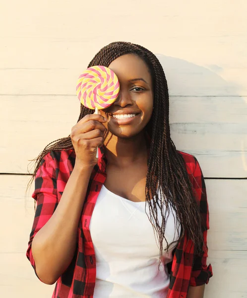 Portrait Beautiful Happy Smiling African Woman Enjoying Sweet Lo Stock