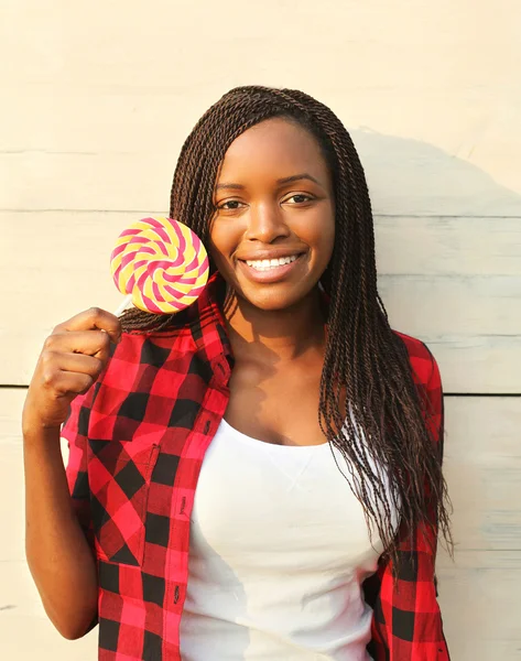Portrait Beautiful Happy Smiling African Woman Enjoying Sweet Lo Stock