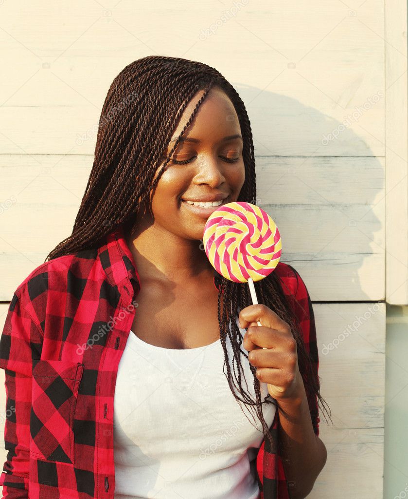 Portrait Beautiful Happy Smiling African Woman Enjoying Sweet Lo Stock