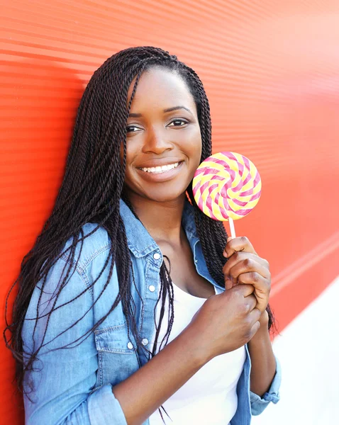 Portrait Beautiful Happy Smiling African Woman Enjoying Sweet Lo Stock