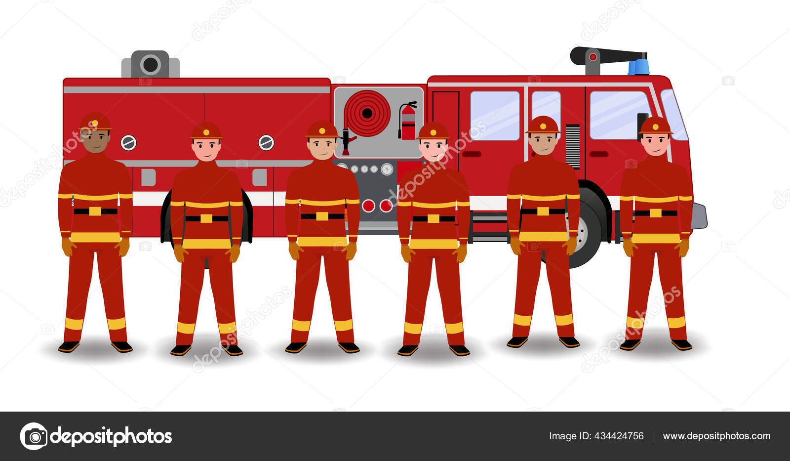 Sets Firefighting Team Flat Fireman Character Design Firetruck Objects Isolated Stock Vector ...