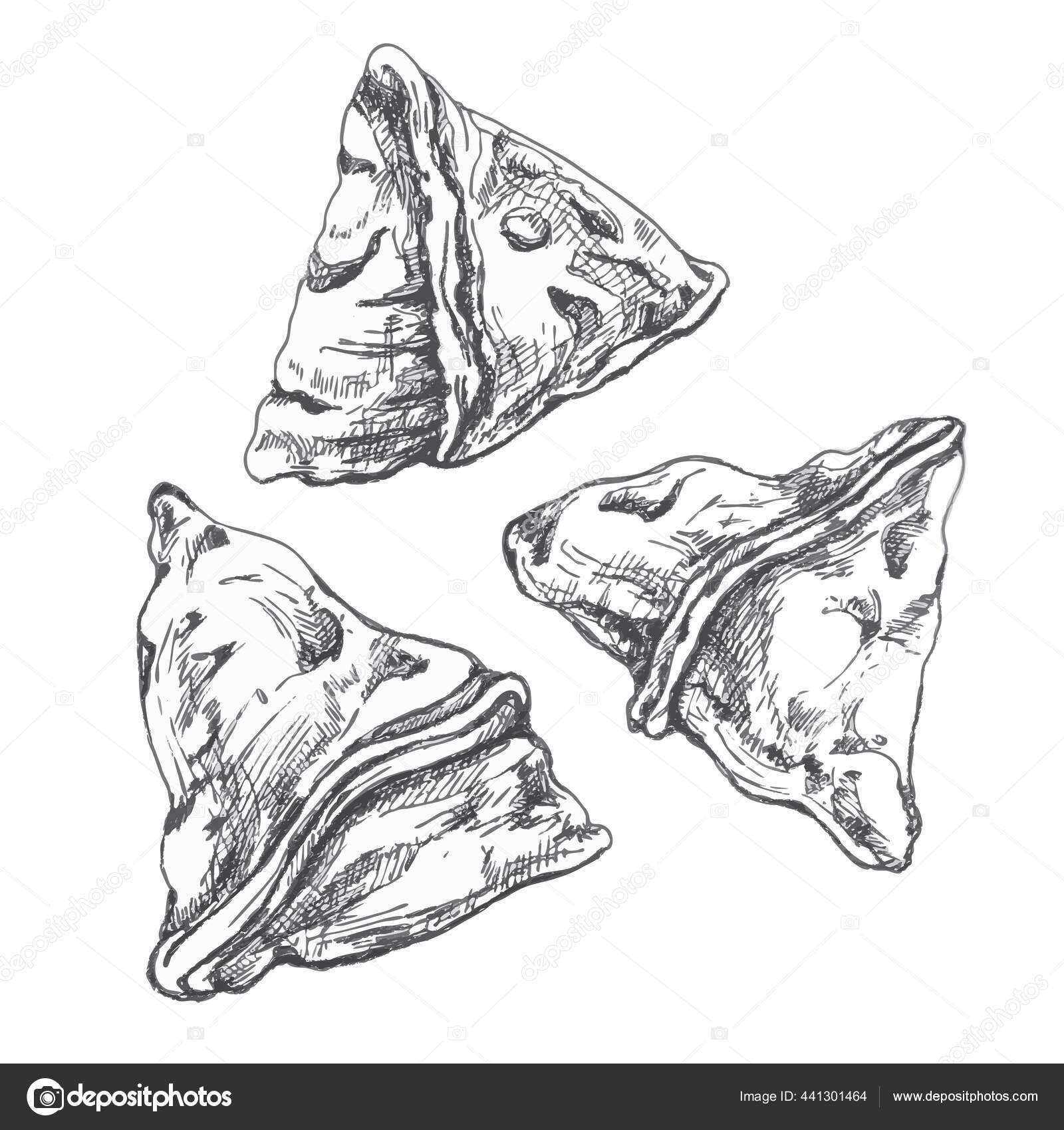 Samosa. Indian traditional food. Vector vintage hatching gray ...