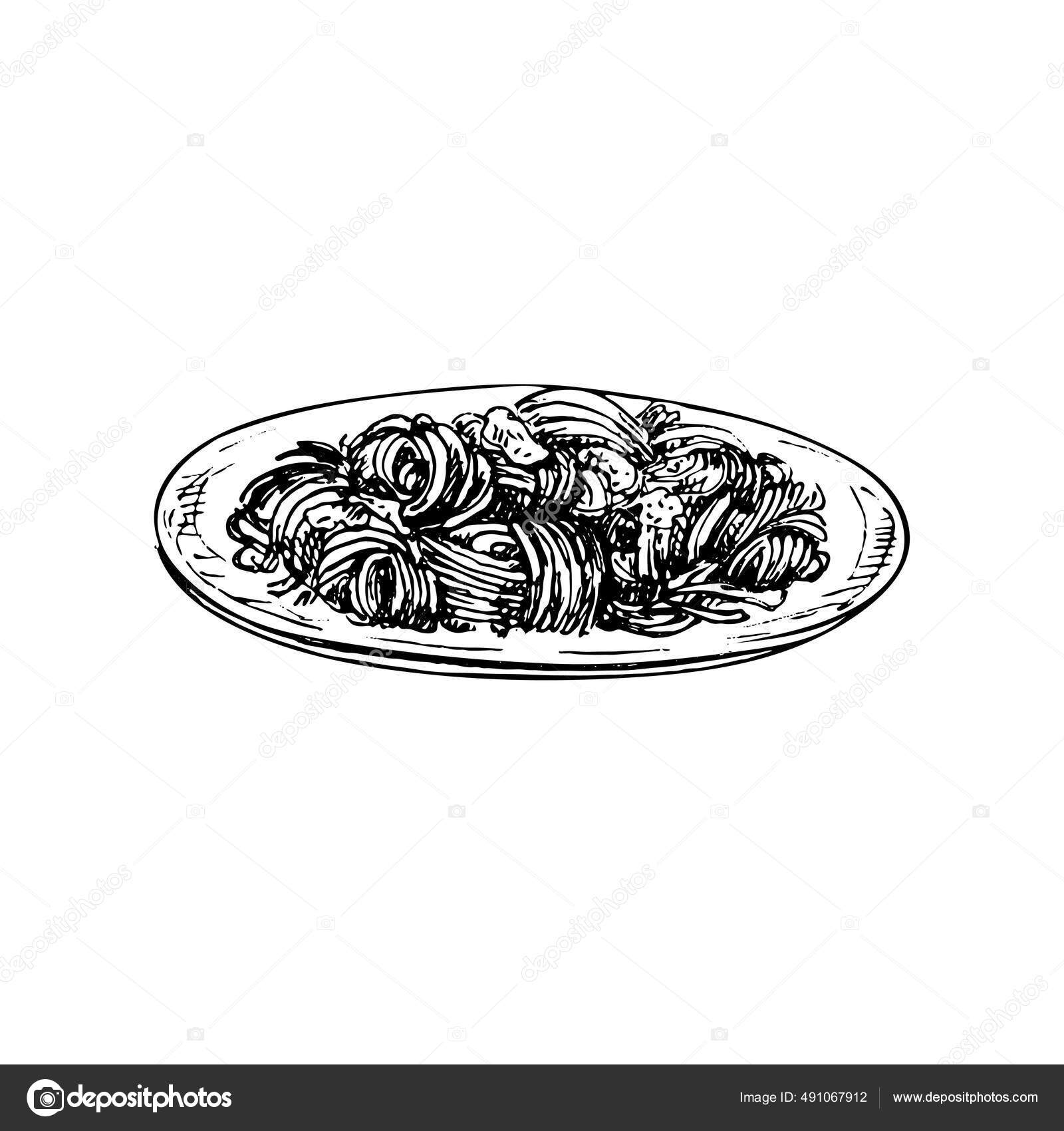 Fried Noodle Plate Vintage Vector Hatching Black Hand Drawn ...