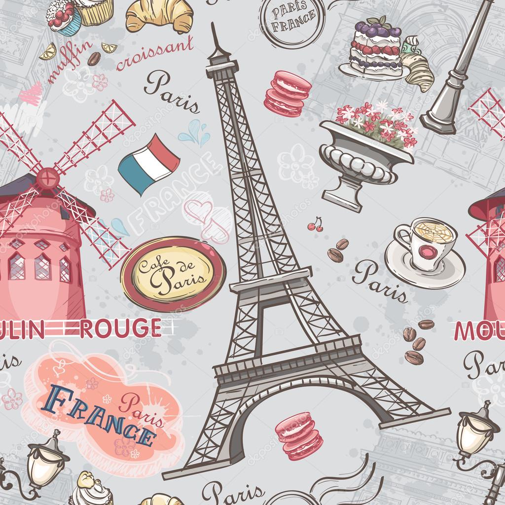 Seamless texture with the image of the sights of Paris Stock Vector ...