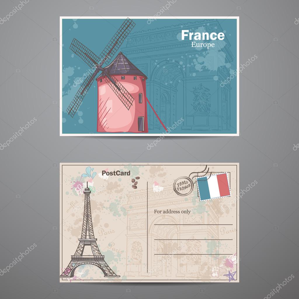 Conjunto de dos caras de una postal sobre el tema de París en Francia ...