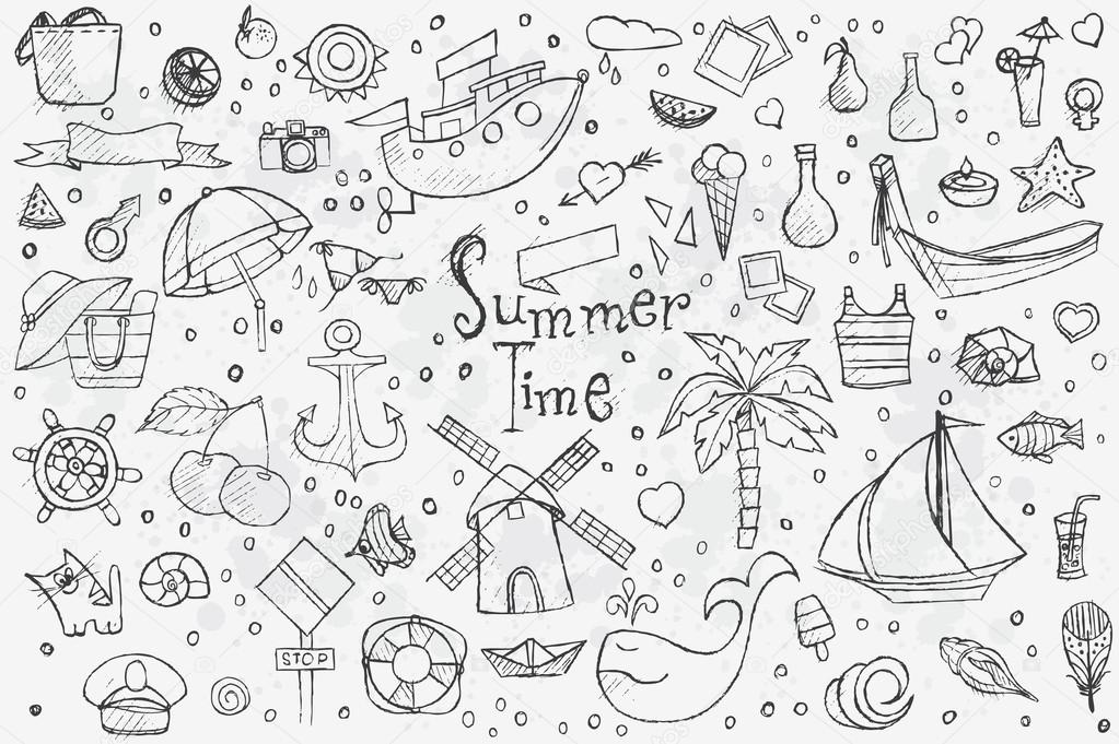 A big hand-drown set on white background of summer doodles with black ...
