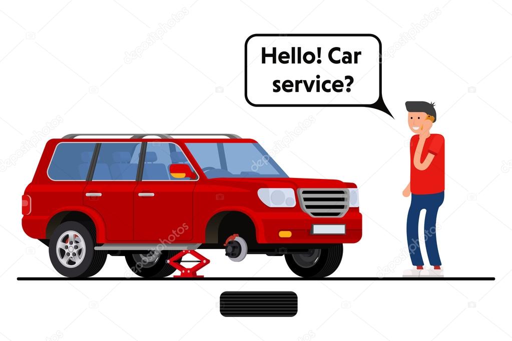 Worried driver calling roadside assistance to help with his breakdown ...