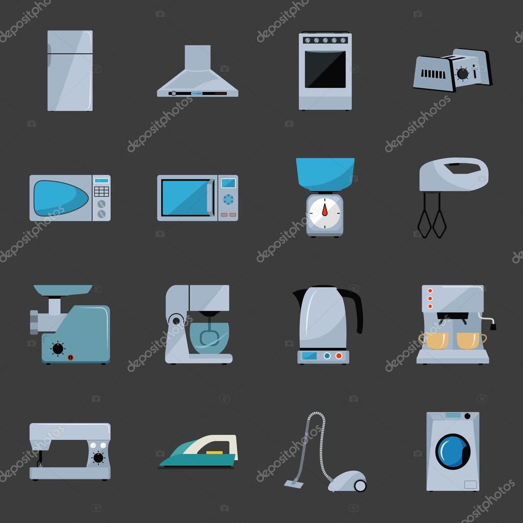 Set of household appliances flat icons with a fridge, extractor hood ...