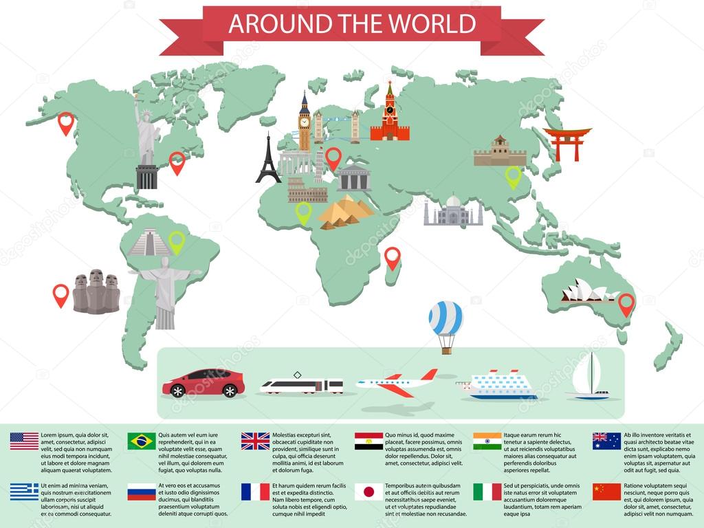 Infografis world landmark di map Vektor Stok oleh ©ikuvshinov 93436780