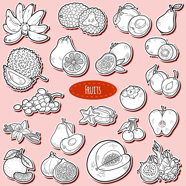 Colorless set with tropical fruits, vector cartoon stickers — Stock ...