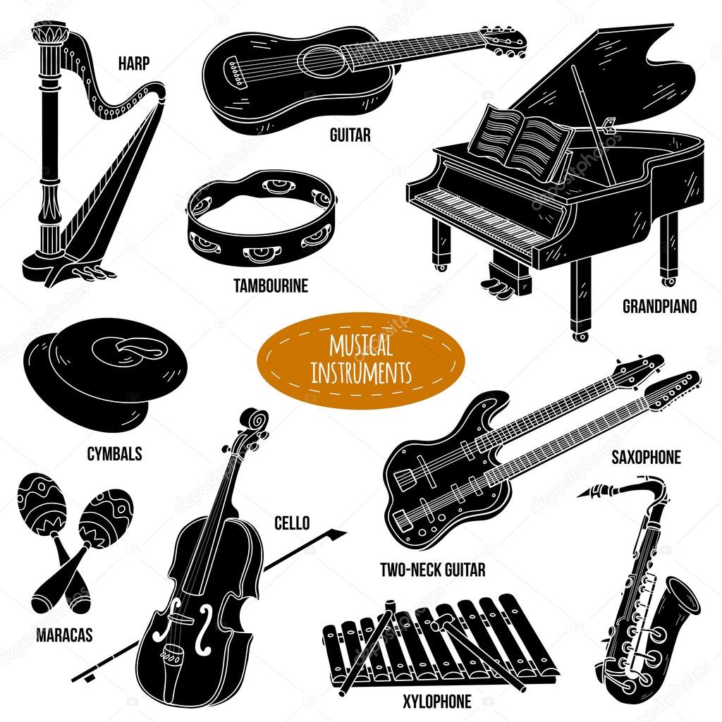 Shadow set with musical instruments, vector cartoon collection — Stock ...