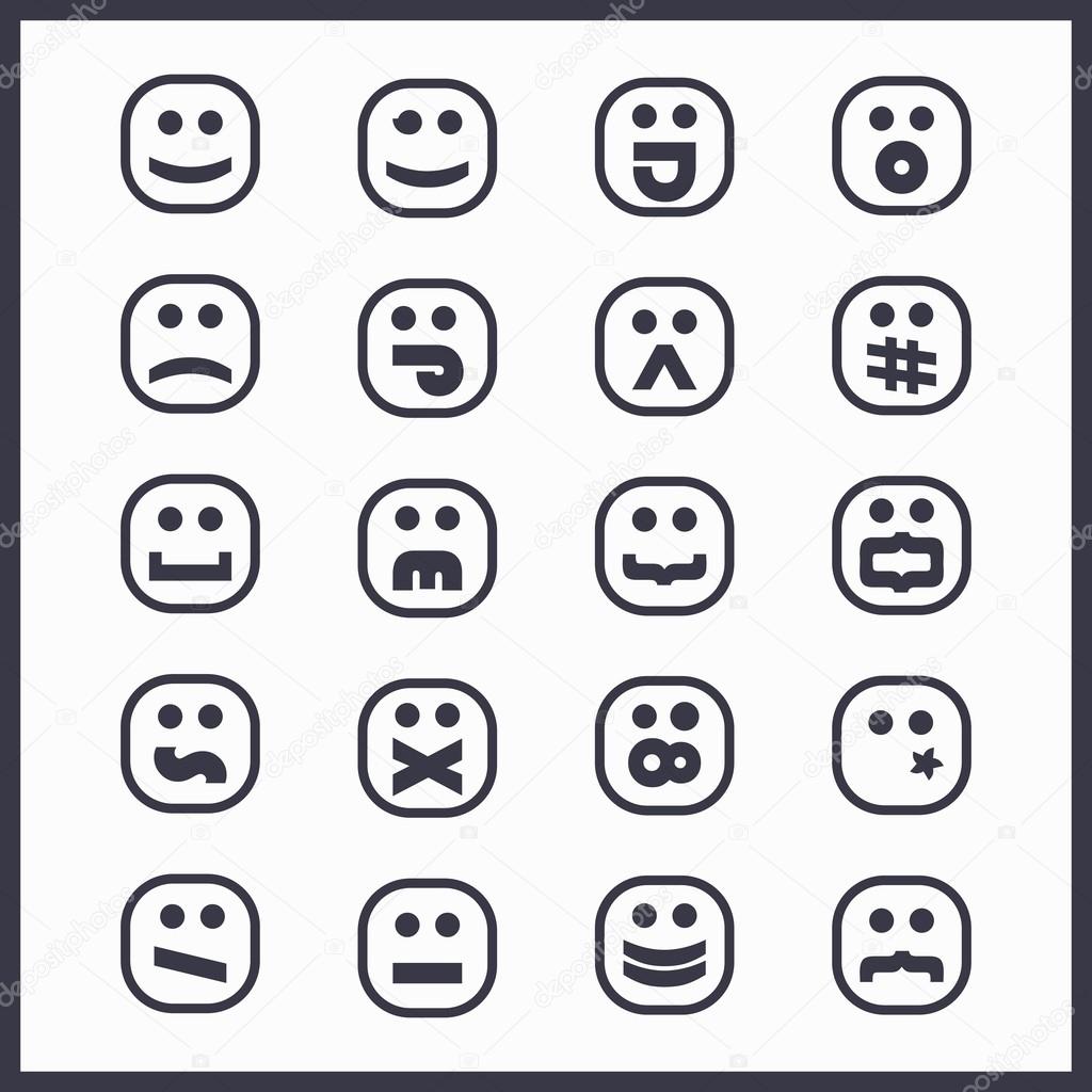 Emoticones cuadrados de línea negra gruesa e iconos establecidos con ...