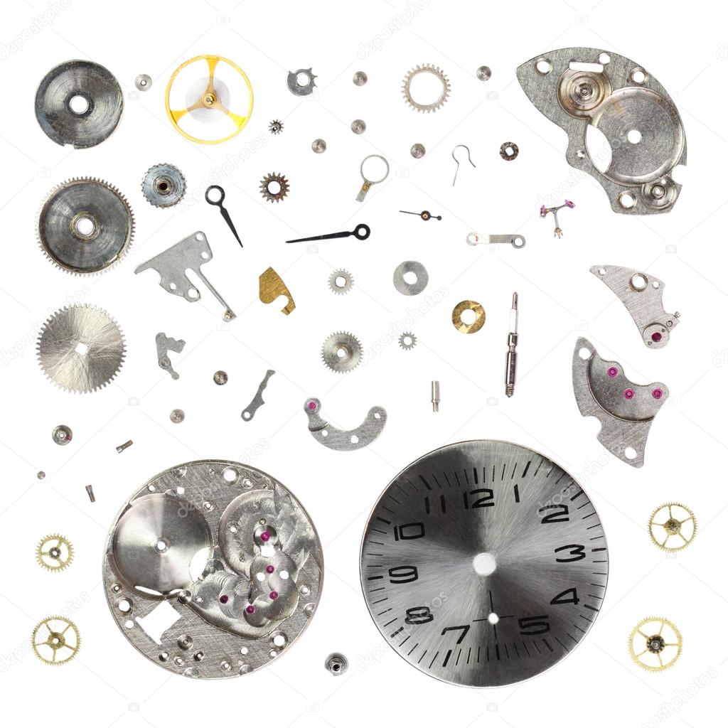 Disassemble old mechanical wristwatch isolated on white background ...