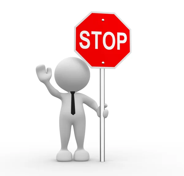 3d man showing stop gesture and holding stop sign over white background ...