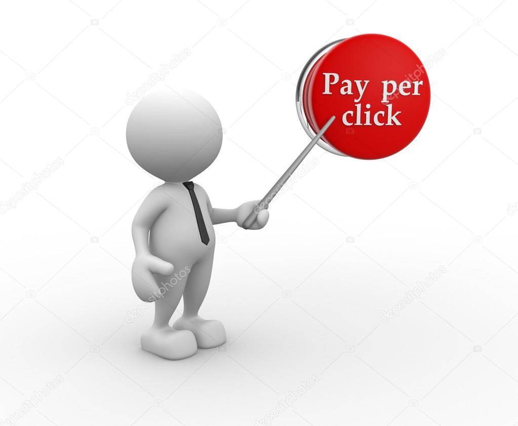 3d man with red button with sign pay per click Stock Photo by ...