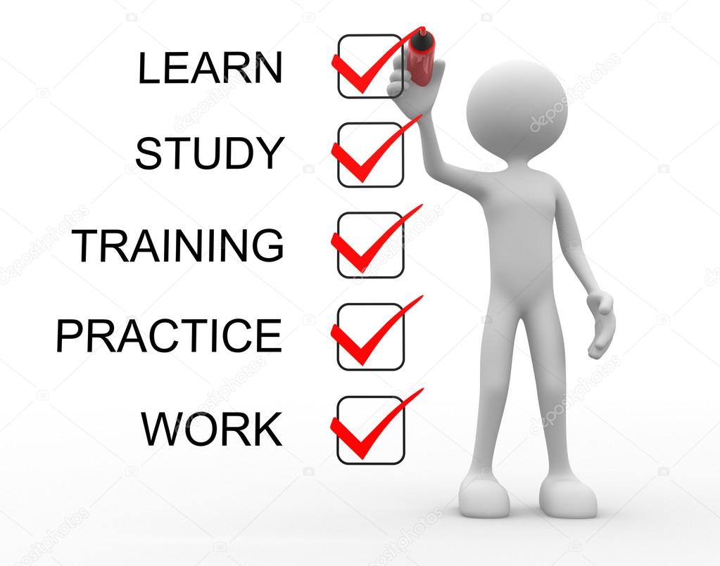 3d man with a checklist learn, study, practice, training, work — Stock ...