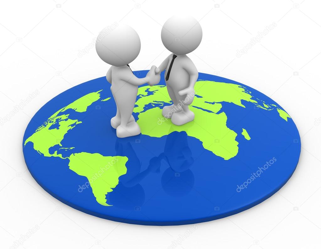 People standing on world map and shaking hand — Stock Photo ...