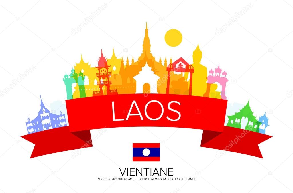 Laos Travel Landmarks and flag. — Stock Vector © woravitworapani #113509800