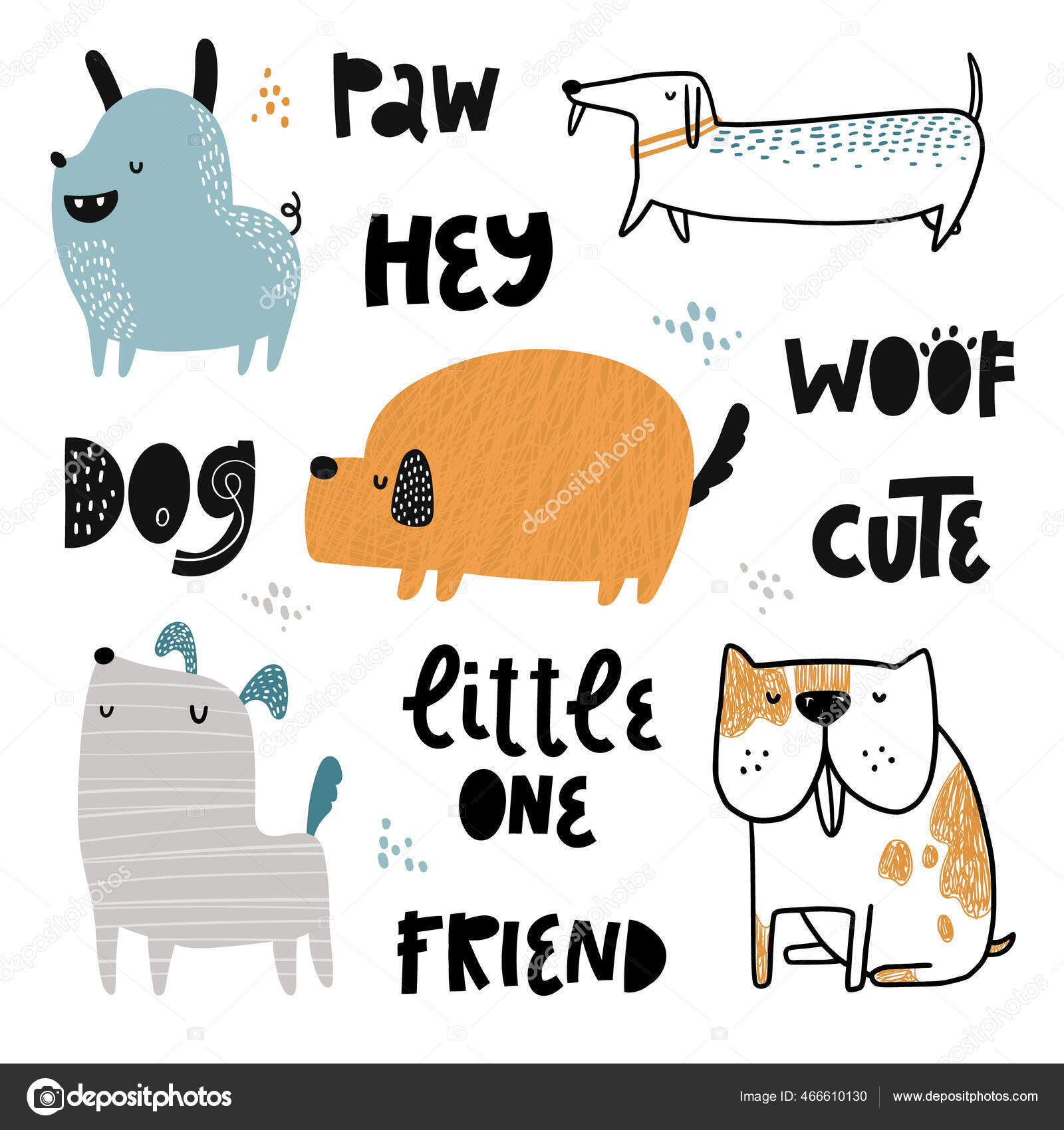Child set with cute dogs and hand drawn text. Vector funny animal for ...