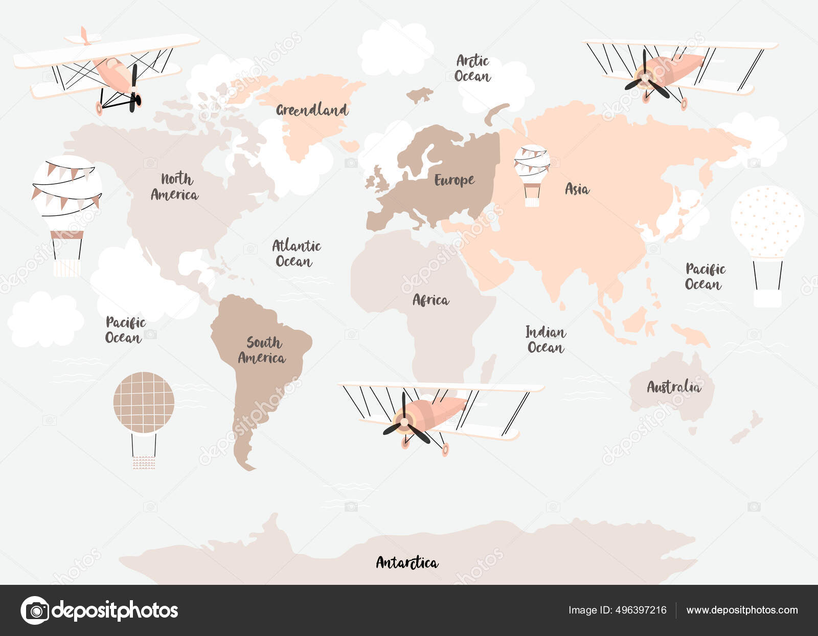 Vector world map for kids with cute cartoon planes and air balloons ...