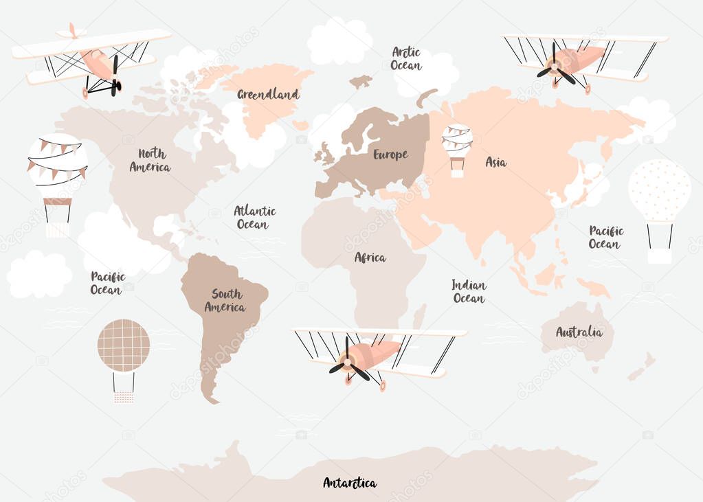 Mapa del mundo vectorial para niños con lindos aviones de dibujos ...