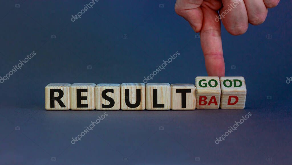 Good or bad result symbol. Hand turns cubes and changes words 'result ...