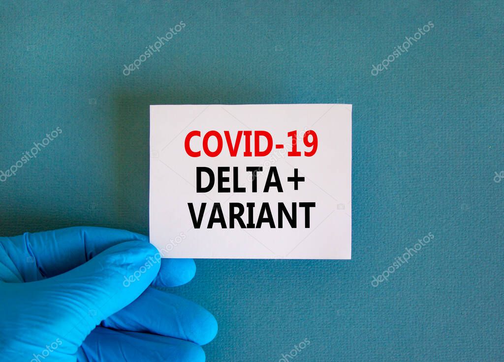 Covid-19 delta plus variant strain symbol. Guante azul con tarjeta ...