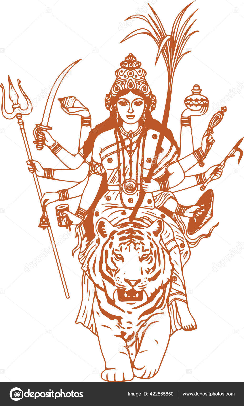 Drawing Sketch Hindu Goddess Durga Kali Mata Outline Editable ...