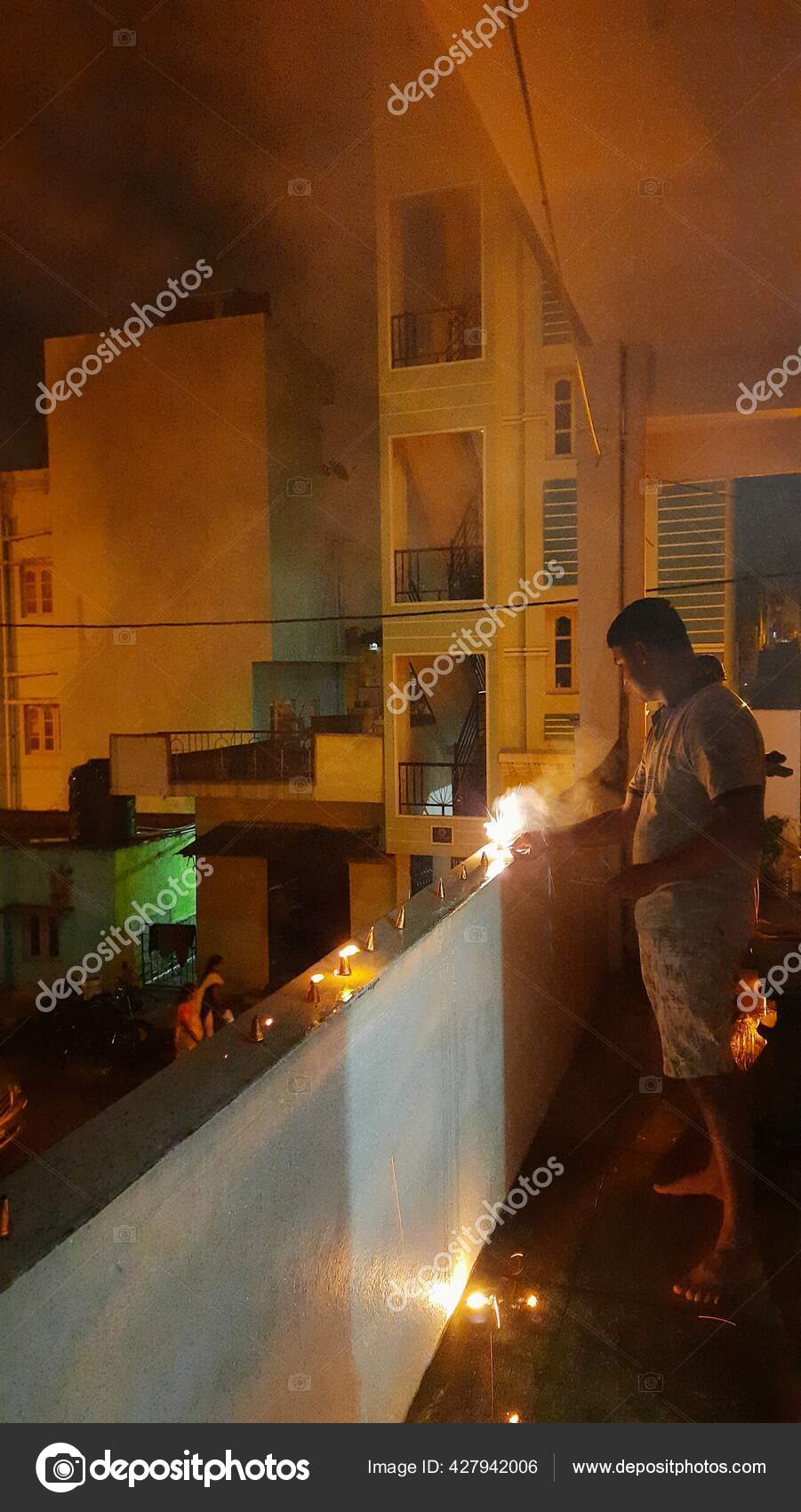 Closeup Indian Man Burning Firecrackers Dark House — Stock Photo ...