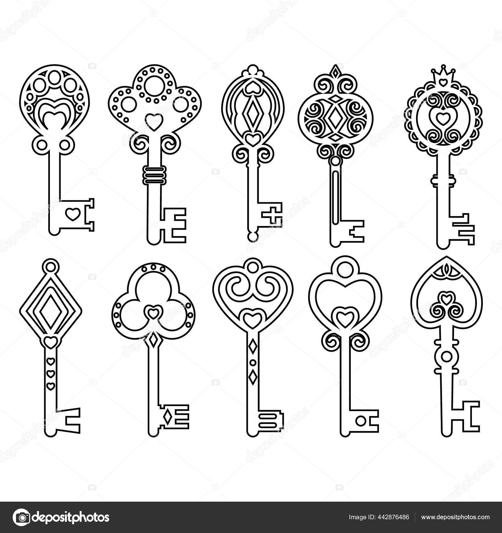 Set Openwork Decorative Key Templates Stencils Made Black Outline ...