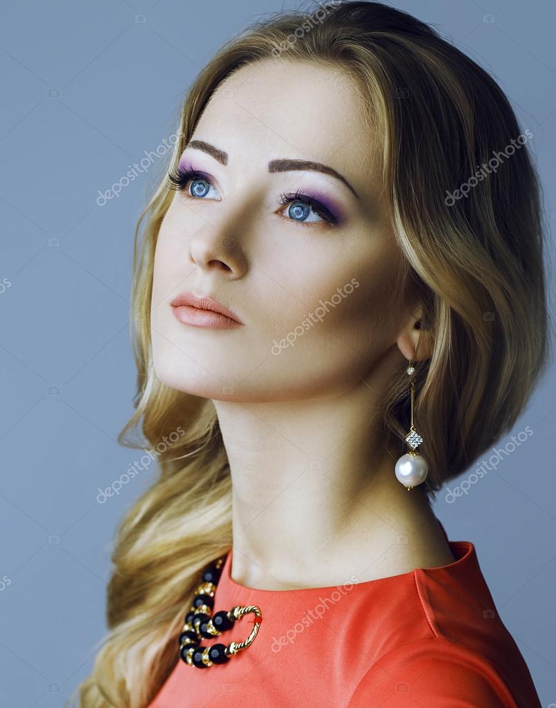 Beautiful Sexy Woman Face Cclose Up Portrait With Nature Lips Blue