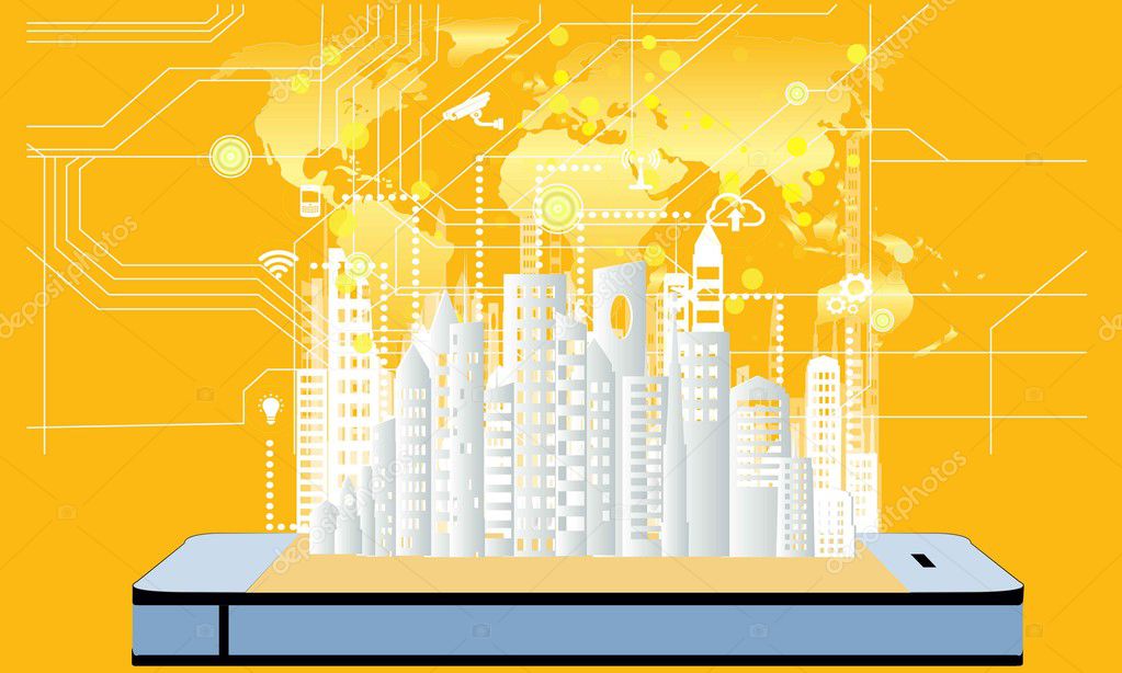 Mobile phone and cityscape background with world map and different ...