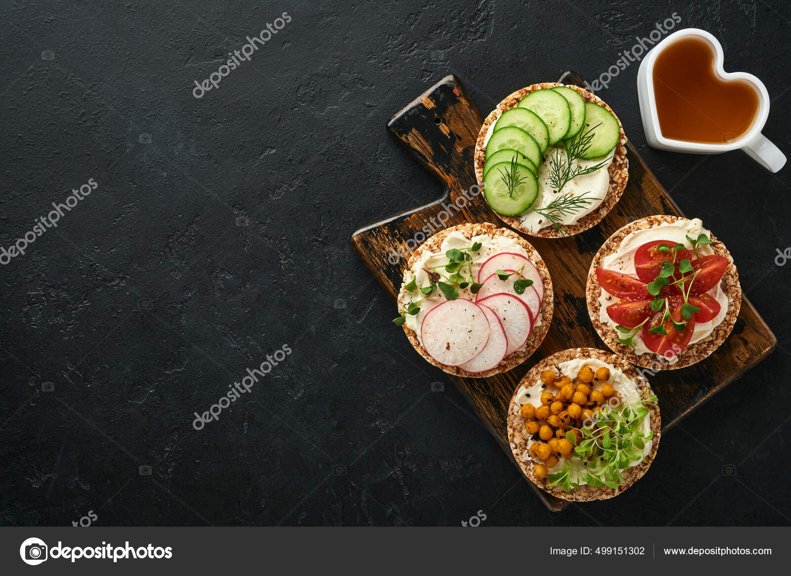 Four Crispy Buckwheat Bread Cream Cheese Radish Tomato Chickpea ...