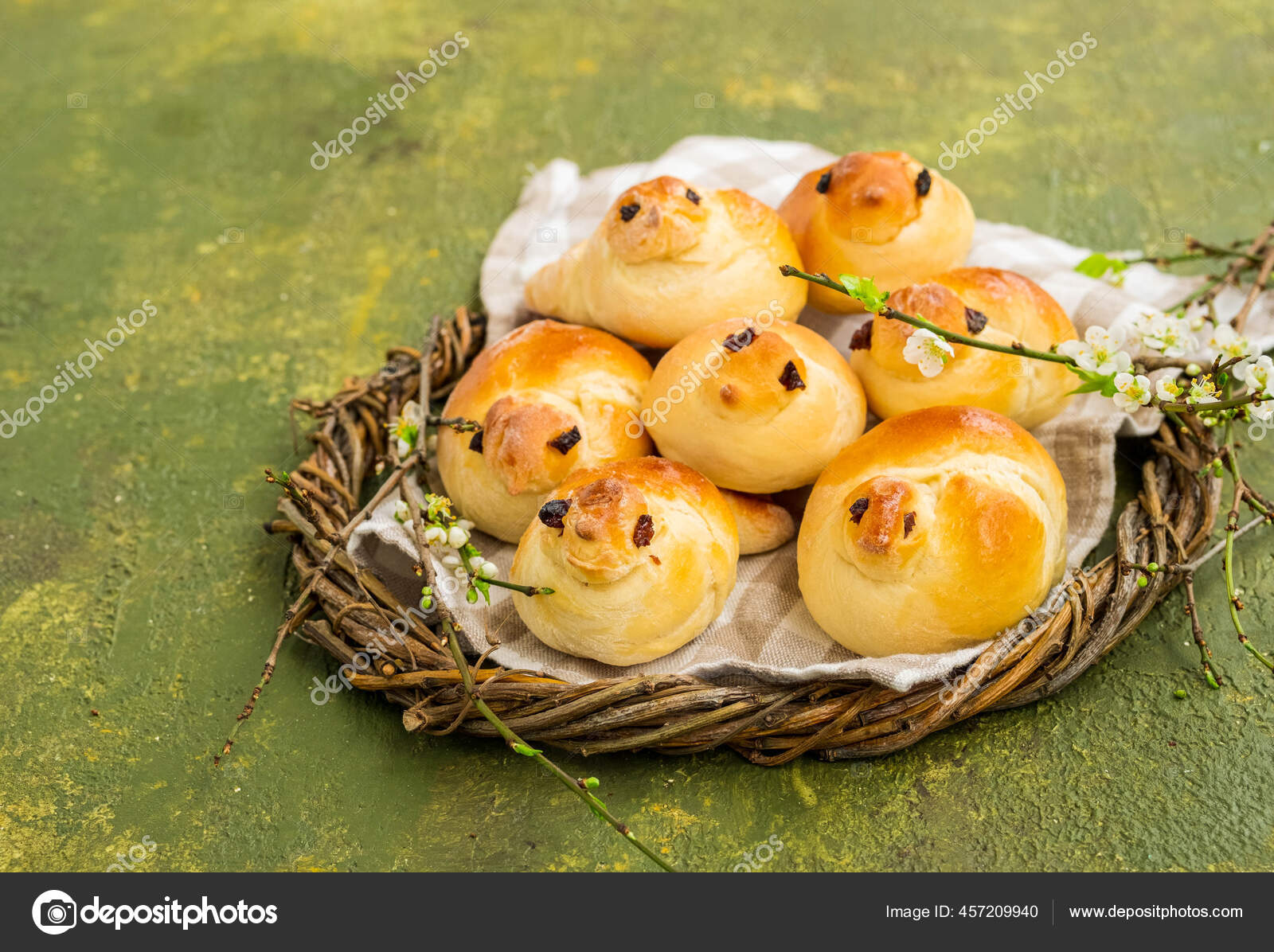 Traditional Yeast Buns Form Larks Wicker Basket Green Concrete ...